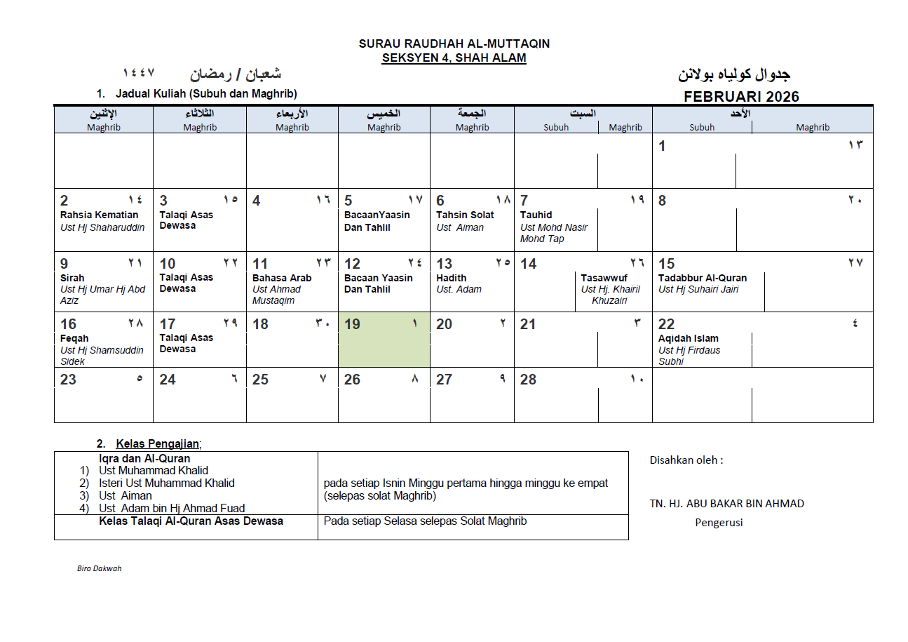 Program Takwim dan Kalendar - Surau Seksyen 4 Shah Alam